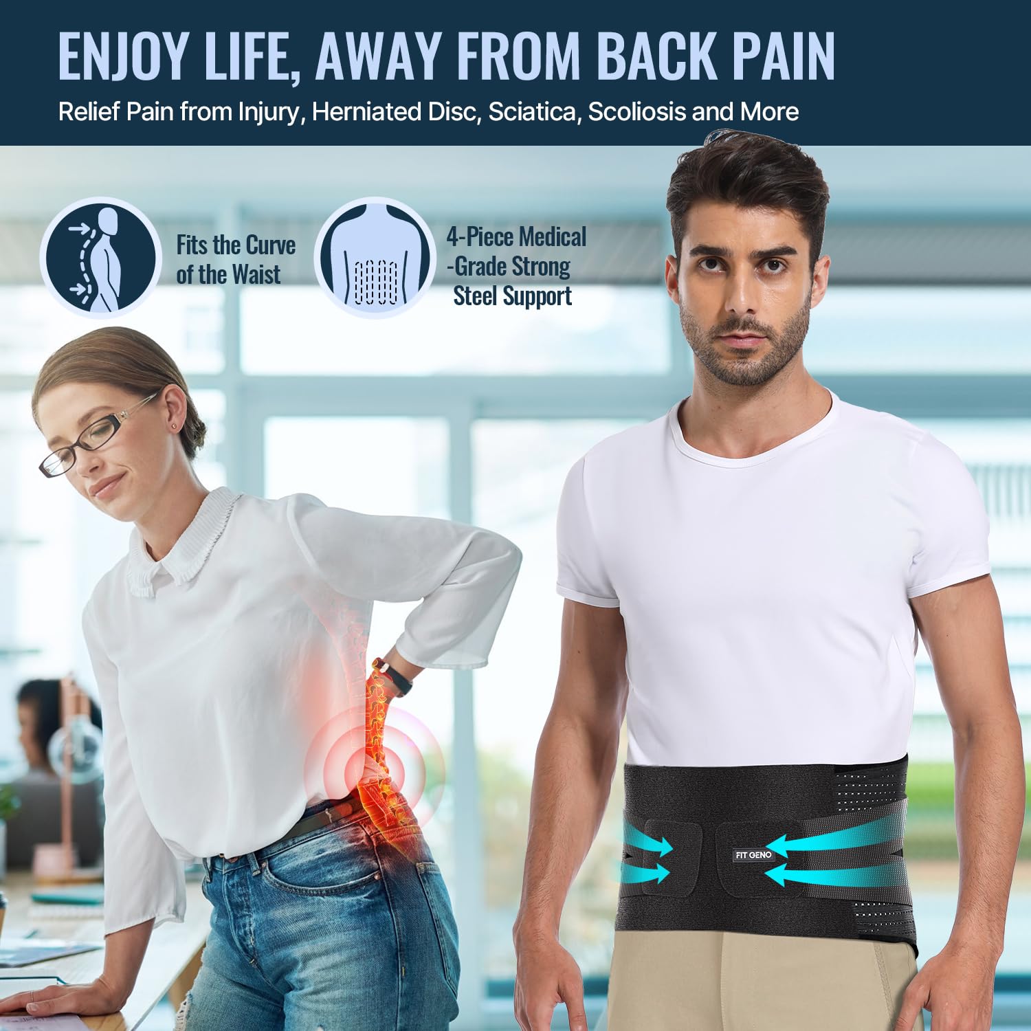 Fit Geno Back Brace for Lower Back Pain: Back Support Lumbar Belt for Women and Men - Breathable Lower Back Pain Relief Herniated Disc Sciatica Sacral - Ideal for Lifting Working Sports Large