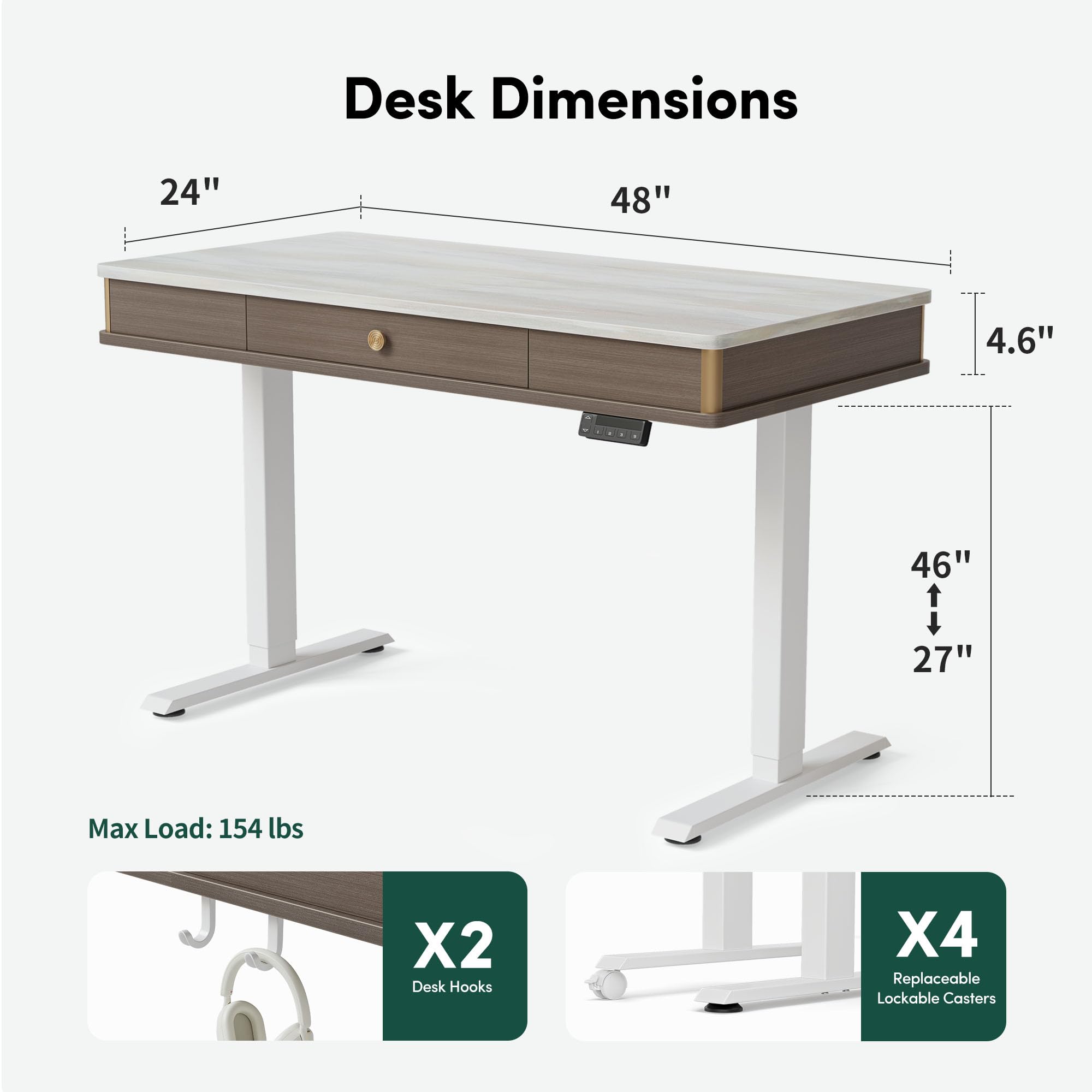 FEZIBO 48X26 Inches Boho Style Height Adjustable Electric Standing Desk with 3 Rattan Drawers, 48X26 Inches Stand up Desk with Large Storage Space, White(2 Packages)