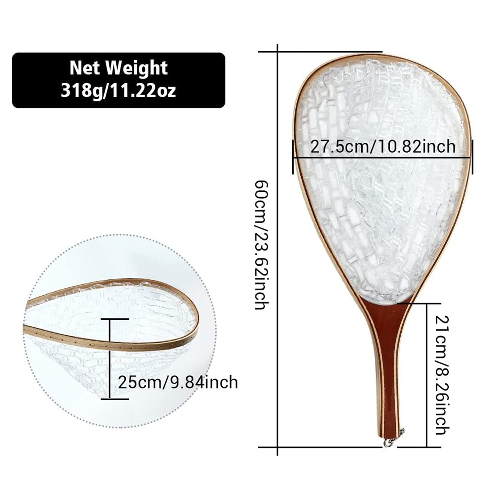 FISHARE Fly Fishing Landing Net, Wooden Frame Fish Net with Clear Soft Rubber Mesh for Trout Fishing Catch and Release