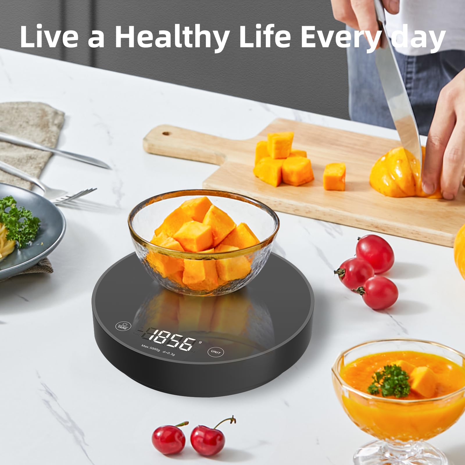 Food Scale Digital Weight Grams 5KG/11lb Max Weight with 5 Units,0.1g/0.01oz Precise Graduation LED Display and Tare Function, Baking Scale for Weight Loss, Tempered Glass(Black)
