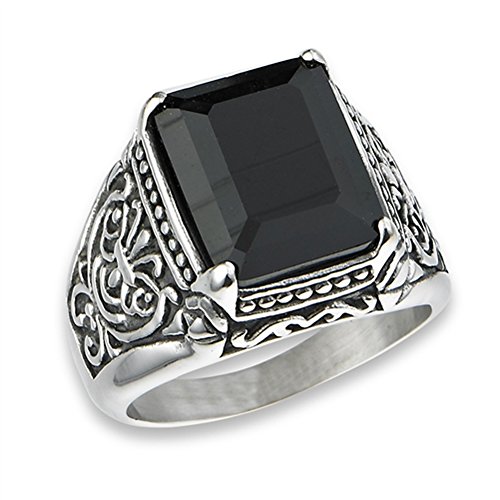 Fleur De Lis Filigree Simulated Black Onyx Large Ring New Stainless Steel Band Size 8