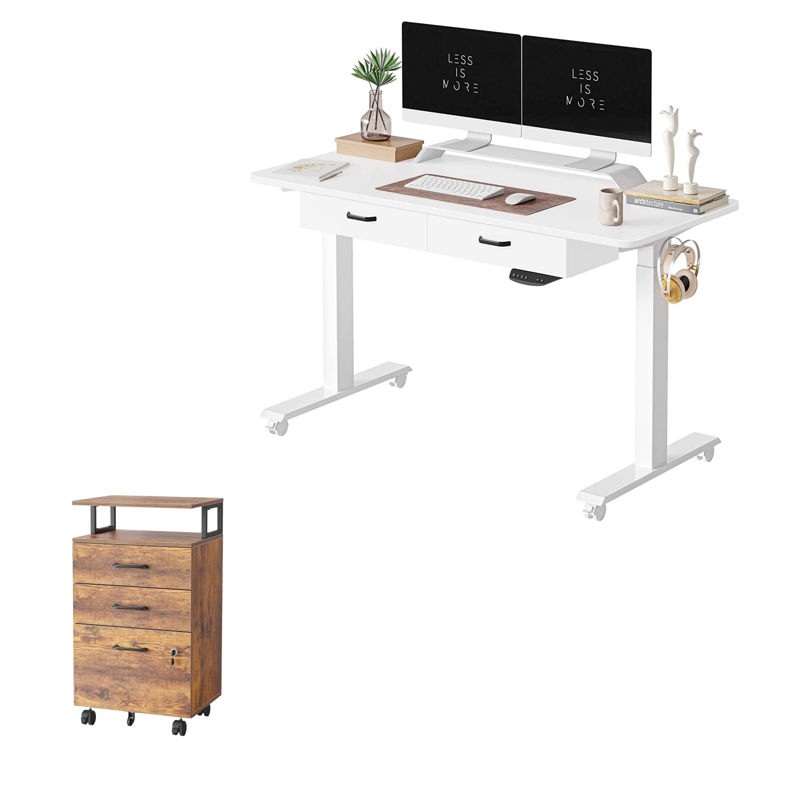 FEZIBO Height Adjustable Desk with 2 Drawers Storage and 3-Drawer Rolling Filing Cabinet