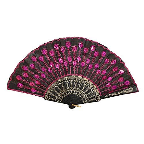 Folding Flower Hand Chinese Dance Wedding Silk Fan Style Lace Party Held Fans 6 Clip Fan Oscillating (Hot Pink-`, One Size)