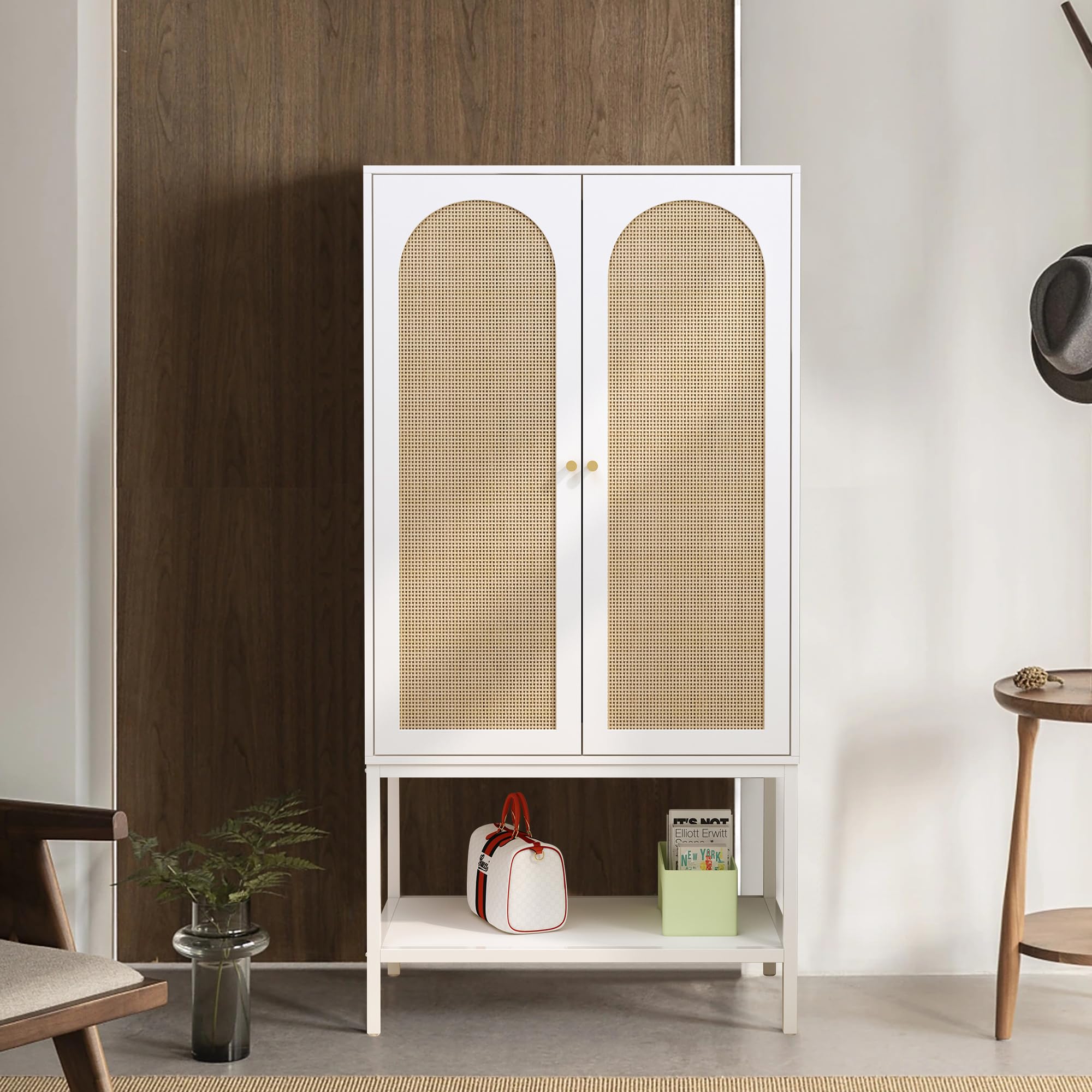 FOKWE Wardrobe Closet with 2 Doors, Rattan Wardrobe Cabinet with Shelves and Hanging Rail, Bedroom Independent Wardrobe Closet (White)