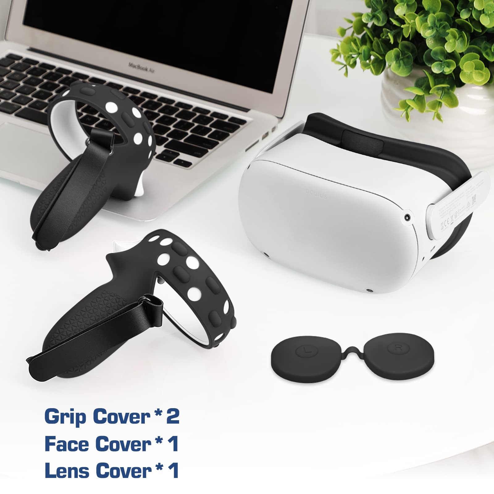 FINPAC Silicone Protective Cover for Quest 2 Gaming VR Accessories Set, Sweatproof Face Cover + Lens Cap + Touch Controller Grip Cover Bundle for Virtual Reality Headset Combo (Black)