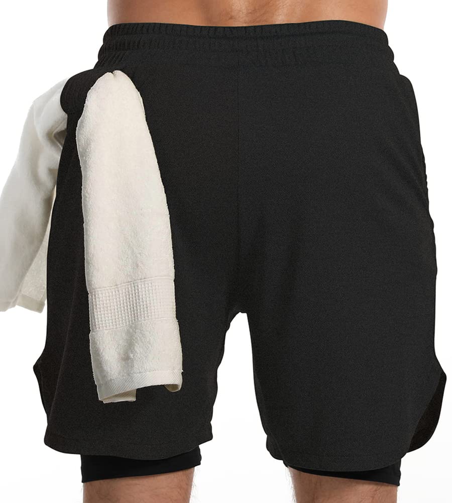 FLYEVEA Mens 2 in 1 Workout Running Shorts Athletic Yoga Gym 7" Short Clothes with Side Pockets Quick Dry Lightweight Training Shorts,Black Large