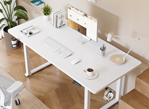 FEZIBO Standing Desk 4 Legs with Dual Motors, 63x29 Electric Standing Desk Adjustable Height with Strong stability, Stand up Desk with Whole-Piece Tabletop, White(2 Packeges)
