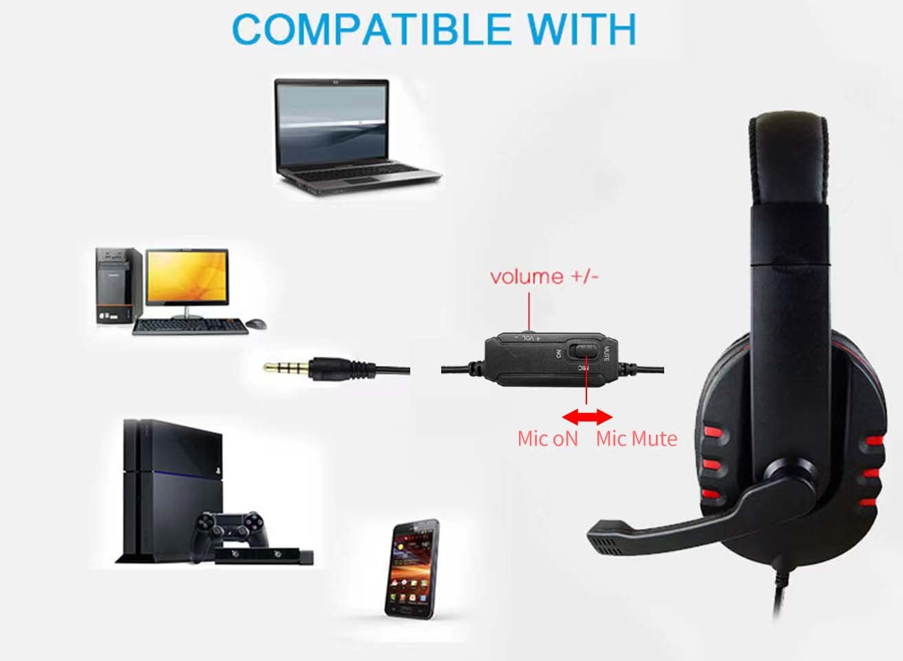 FNSHIP 3.5mm Wired Over-head Stereo Headband Gaming Headset Headphone with Mic Microphone Volume Control for SONY PS4 PC Tablet Laptop Smartphone