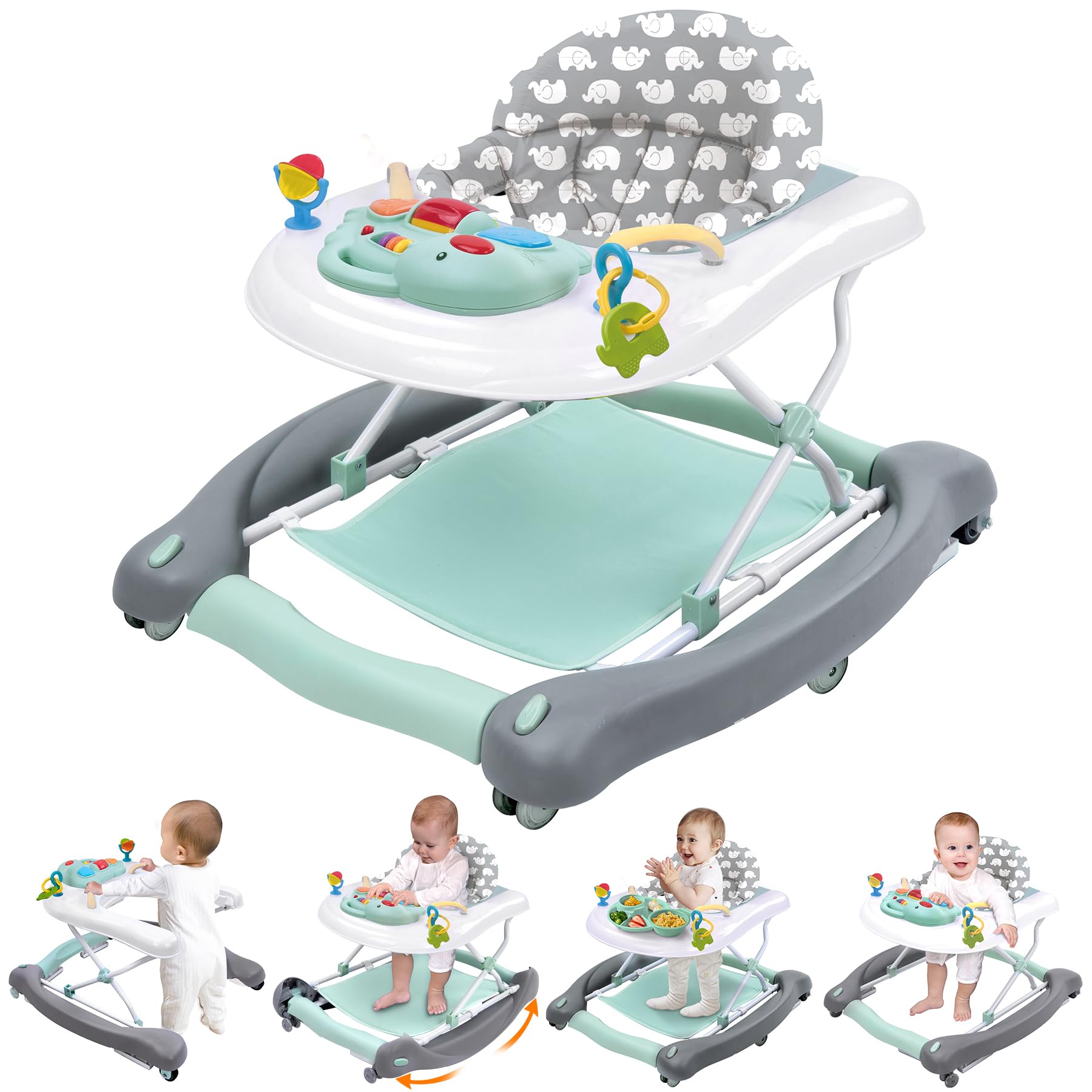 Foldable Baby 5-in-1 Activity Walker - Rocker, Activity Center, Bouncer, Seat Walker, Push Walker - Adjustable Speed Rear Wheels and Height Toys Ages 6-18 Months… (Blue)