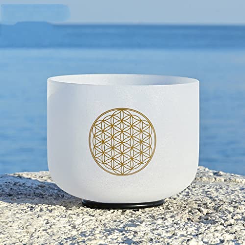 N/A 528Hz 8 Inch Frosted Quartz Crystal Singing Bowl C Note with Life Flower Design for Stress Relief