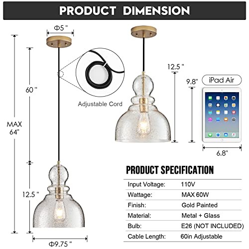 FookChak Gold Pendant Light, Modern Glass Pendant Lighting Over Table 10inch Large Brass Ceiling Haning Light Fixture for Kitchen Island Kitchen Sink Dining Room Hallway Entrance, 1-Light E26