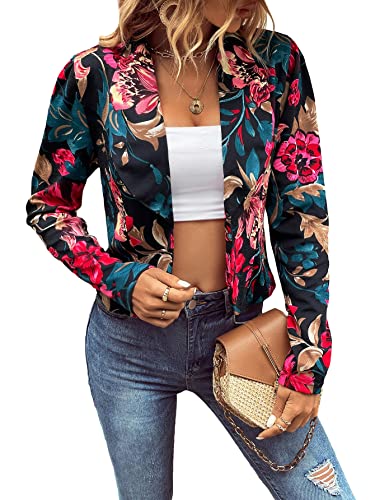 Floerns Women's Floral Print Long Sleeve Open Front Shawl Collar Jacket Blazer Black L