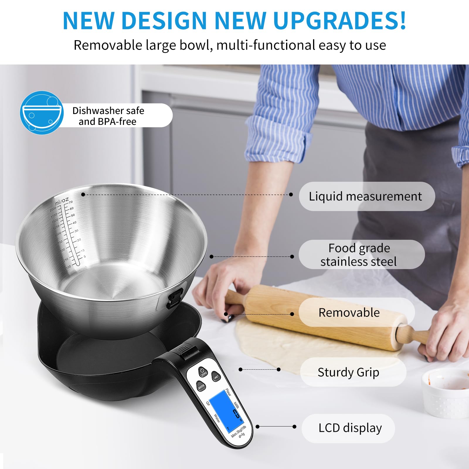 Food Scale Digital Weight Grams and Oz, YONCON Digital Kitchen Scale with Bowl - Measuring Cup, 11lb by 1g Super Accurate for Cooking, Baking, Tare Function Easy to Use (includes Batteries)