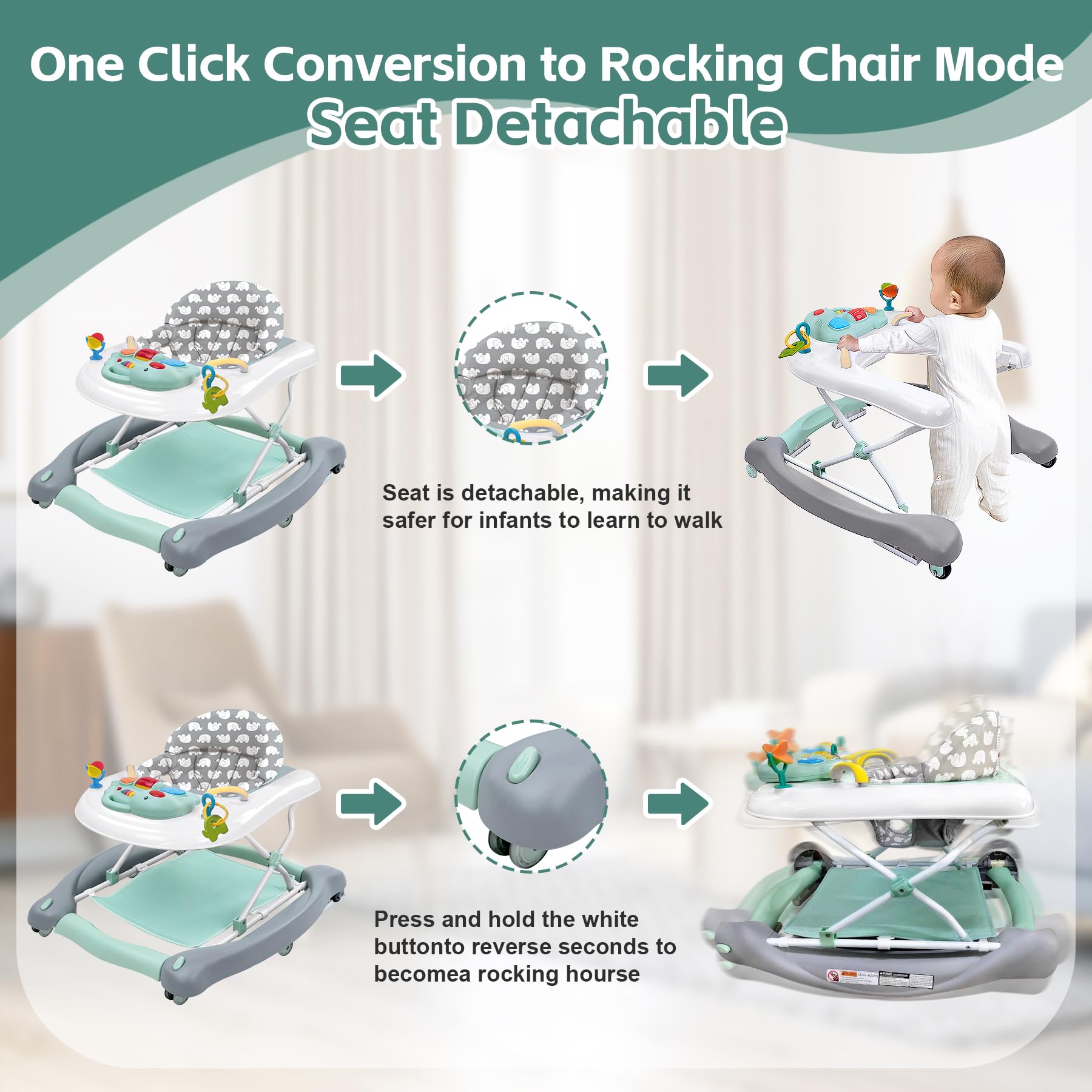 Foldable Baby 5-in-1 Activity Walker - Rocker, Activity Center, Bouncer, Seat Walker, Push Walker - Adjustable Speed Rear Wheels and Height Toys Ages 6-18 Months… (Blue)