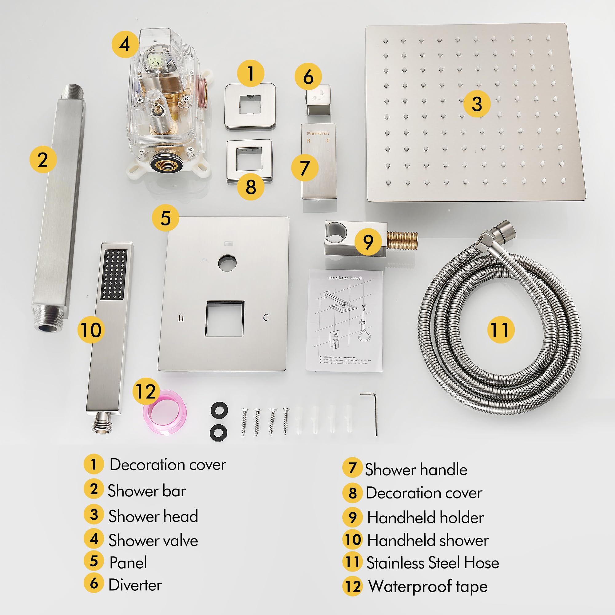 Fransiton 8 Inches Brushed Nickel Shower System Rain Shower System Set Wall Mounted, Rainfall Shower Head with Handheld, Bathroom Shower Kit (Valve Included)