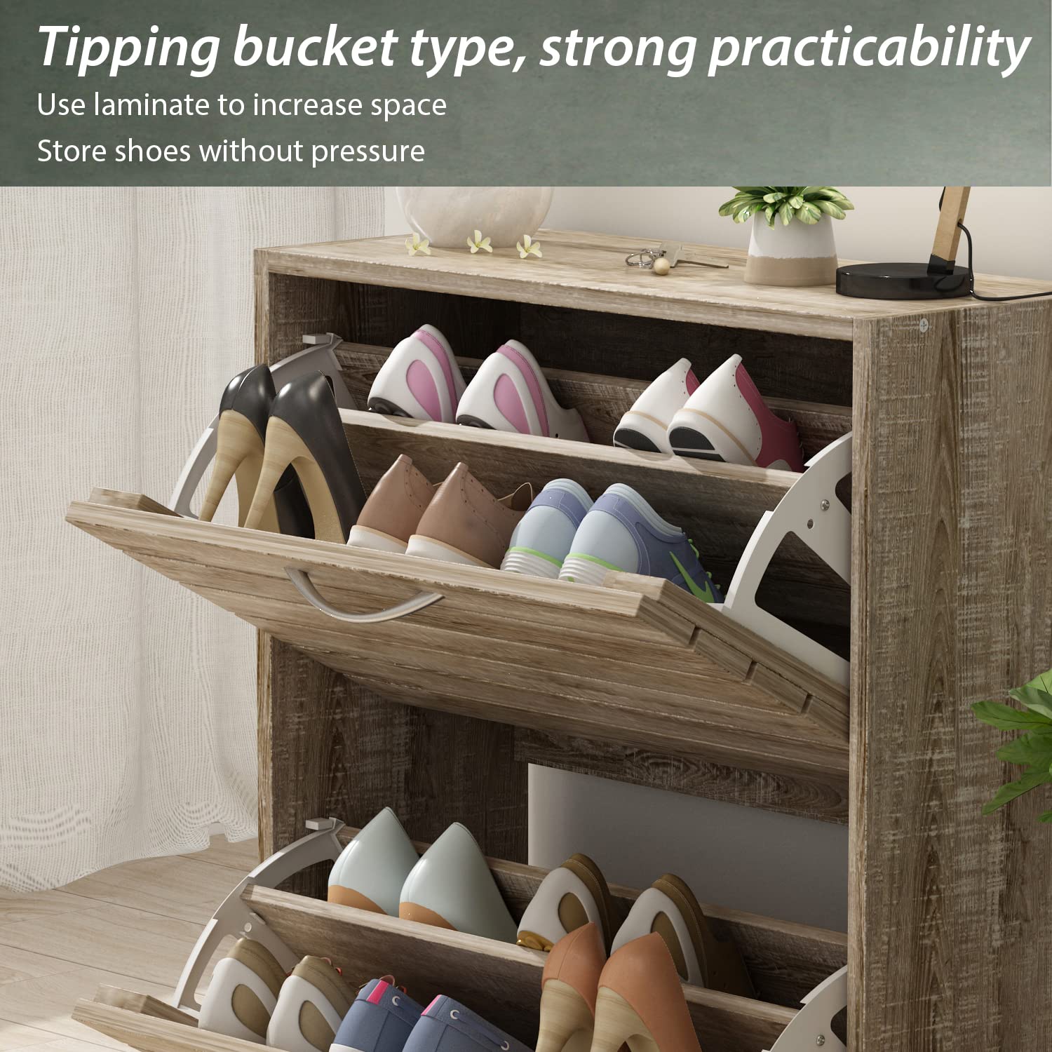 FUFU&GAGA Shoe Storage Cabinet with 2 Flip Drawers for Entryway, Modern, Freestanding Rack Organizer (22.4”W x 9.4”D x 29.5”H) (Light Brown)