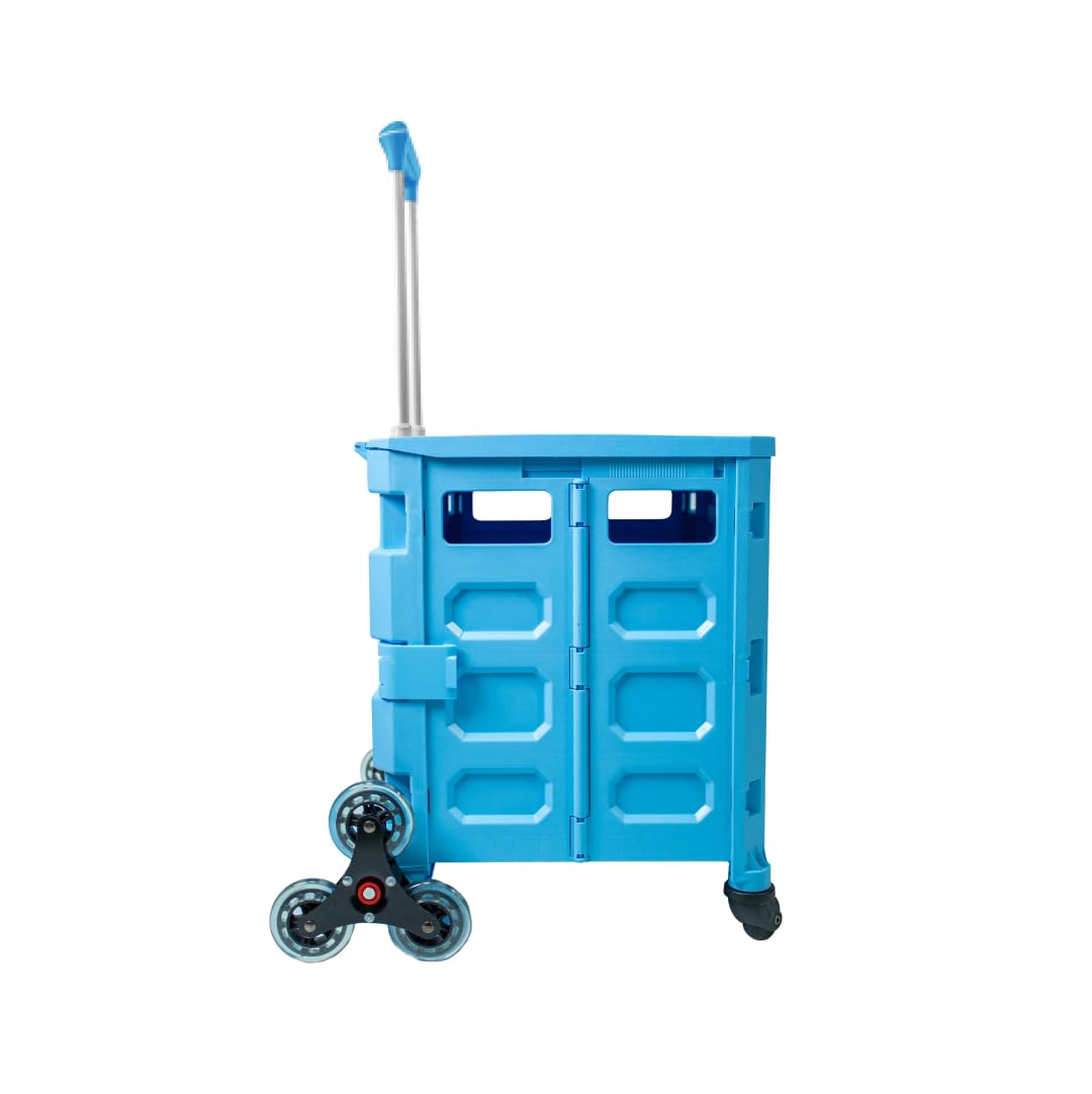 Foldable Rolling carts with Wheels, Heavy Duty Four Wheeled Stair Climber Rolling Utility Collapsible Trolley Pull Cart with Handle Perfect for Office, School, Grocery (Baby Blue)