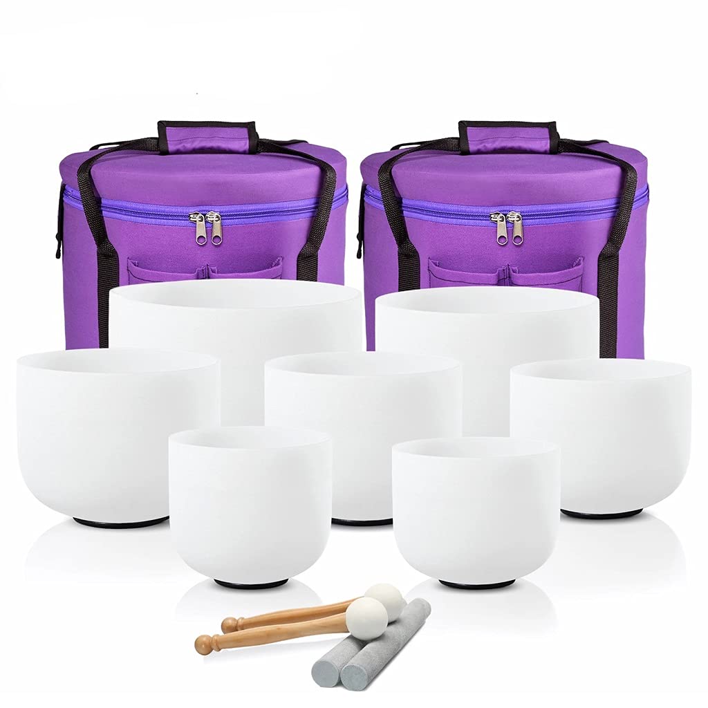 N/A 7-12 Inch Note Set of 7PCS Chakra Frosted Quartz Crystal Singing Bowl with Free Carry Bag