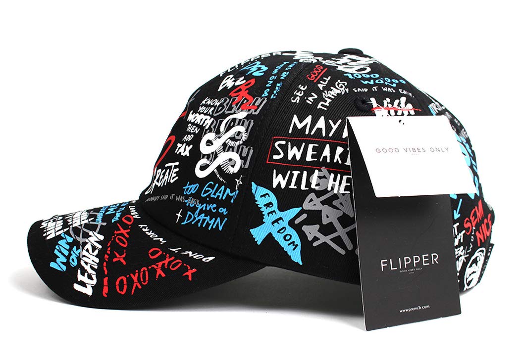Flipper Designer Graffiti Doodle Cotton Baseball Cap for Men Women, Kpop Hat w/Curve Brim (White/Black, Free Size)