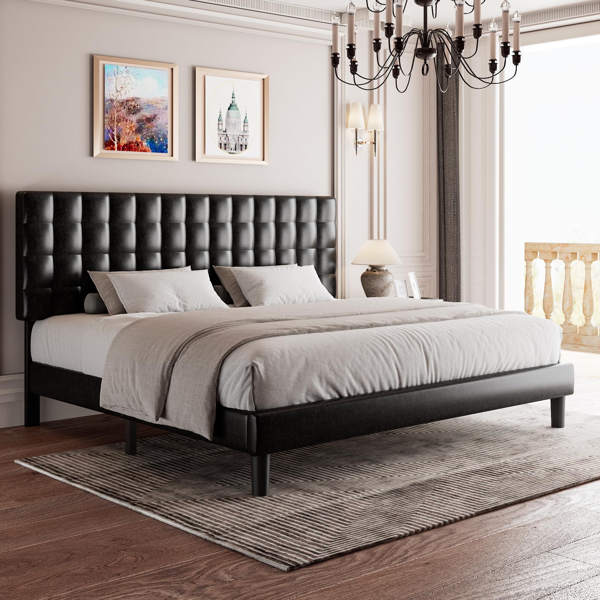 Feonase King Size Bed Frame with Square Stitched Headboard, Faux Leather Upholstered Platform Bed Frame, High-Density Sponge Filled, Solid Wood Slats, No Box Spring Needed, Noise-Free, Black