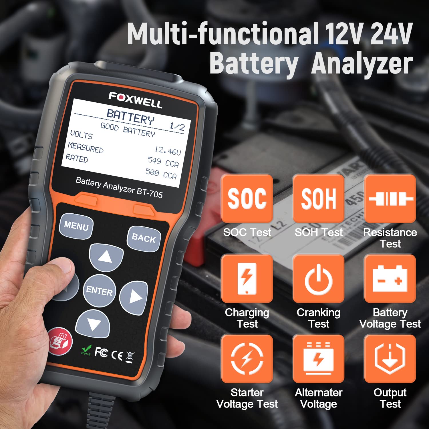 FOXWELL NT624 Elite Full-System Scanner Reset Tool with FOXWELL BT705 Car Battery Tester 12V 24V Automotive Battery Load Tester