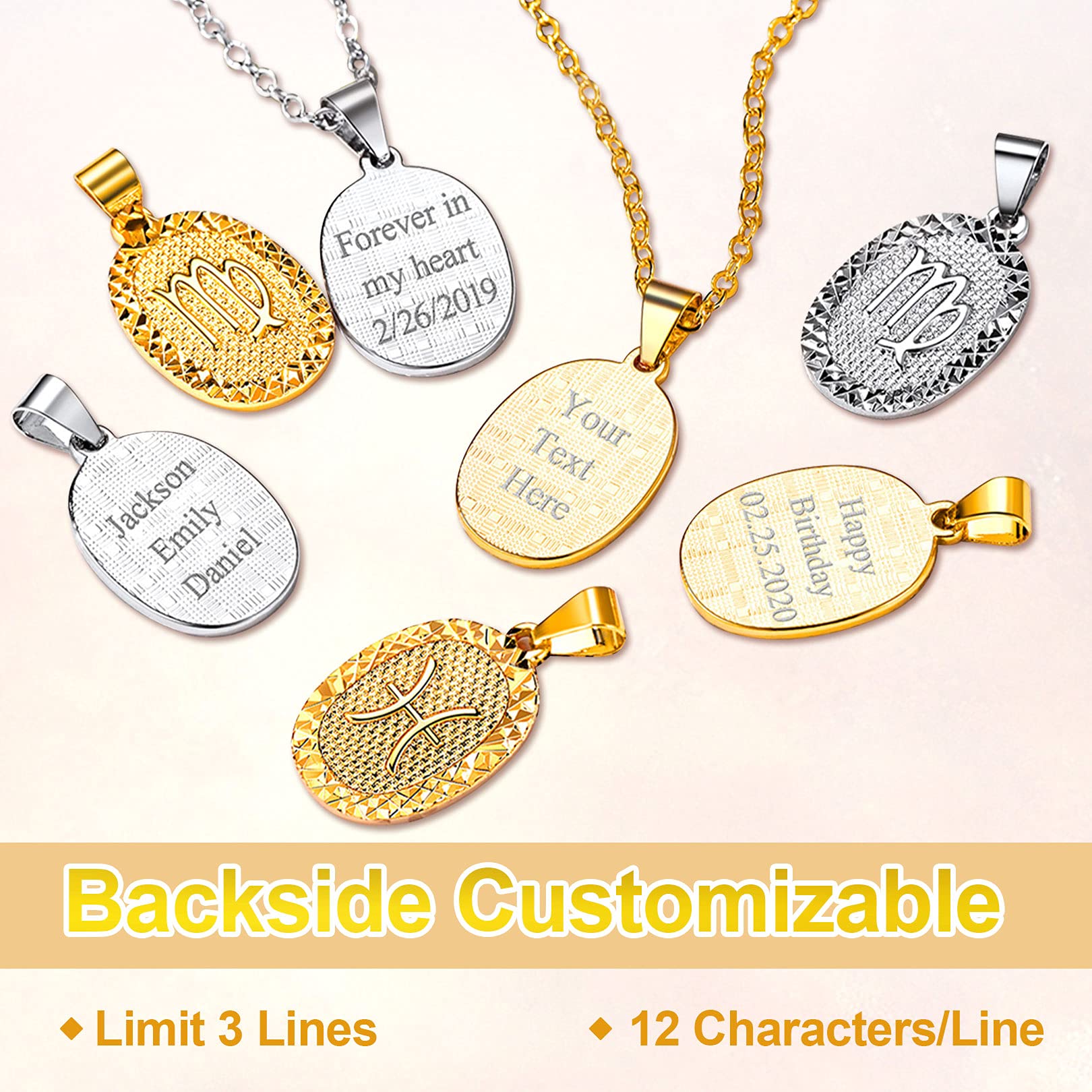 FOCALOOK Custom Aries Gold Necklace for Women Oval Shaped Carved Medallion Constellation Zodiac Sign Jewelry 20-22"