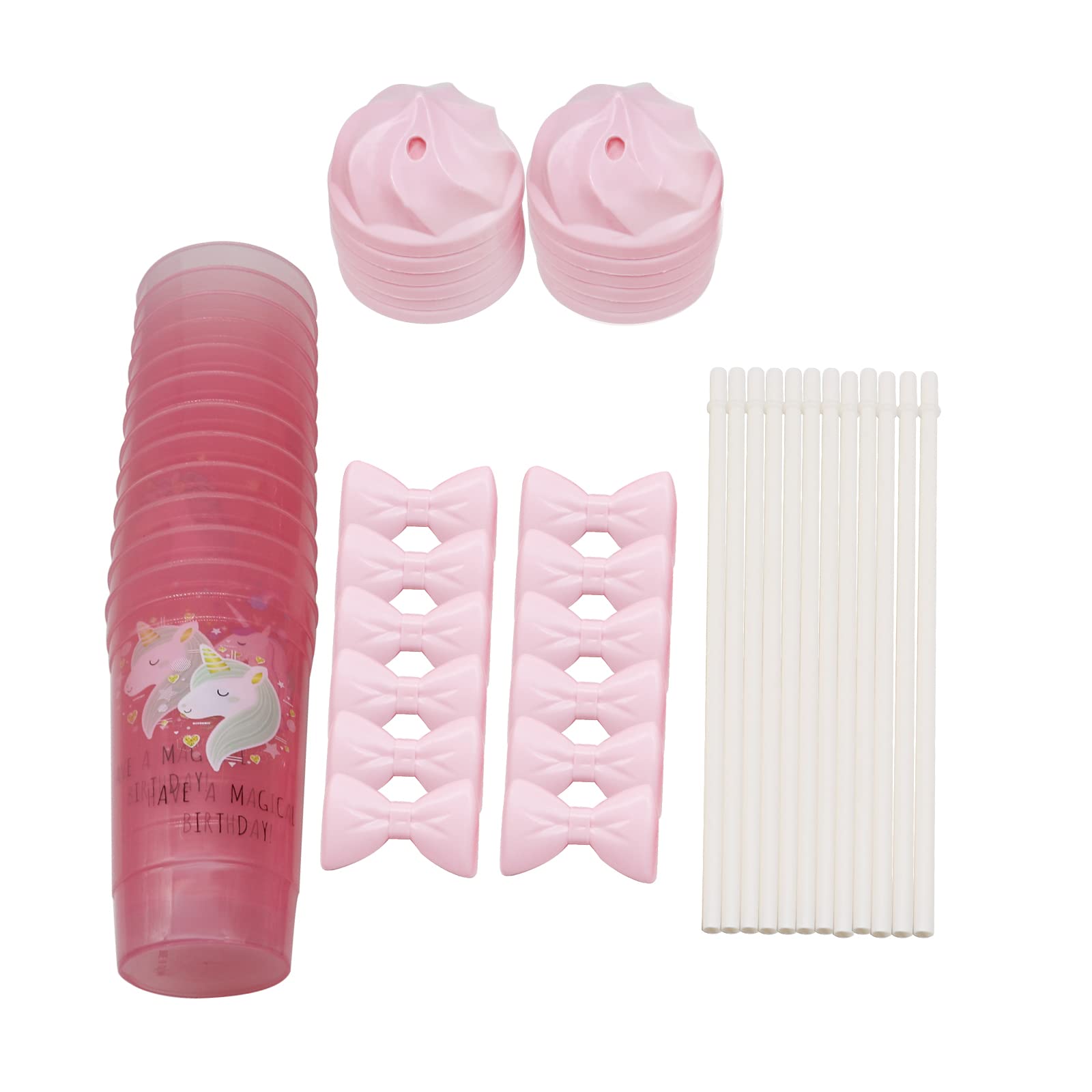 FEOOWV Unicorn Cups with Lids and Bowknot Straws, Plastic Cup for Iced Water Juice Milk Tea,Pack of 12pcs (Pink)