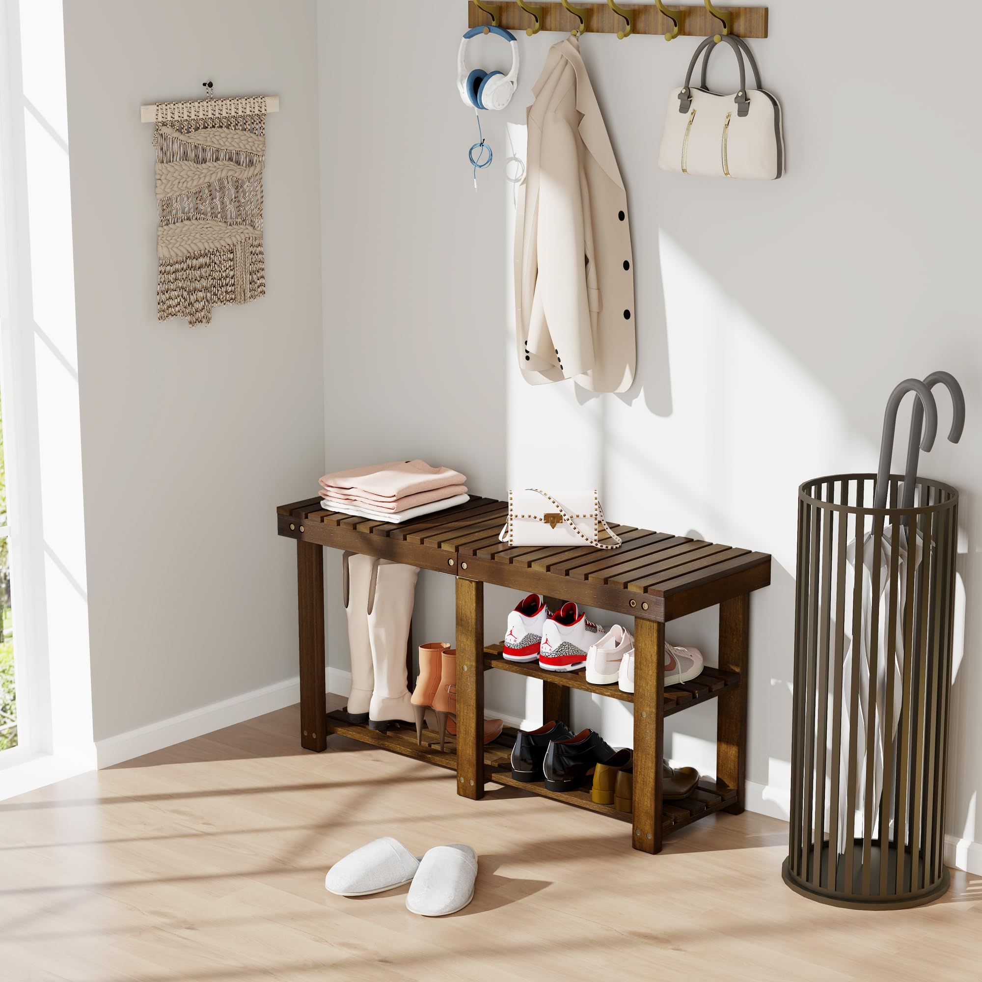 FLYJOE Shoe Rack Bench, 3-Tier Freestanding Wooden Shoe Organizer with Seat, Entryway Bench, Storage Shelf for Kitchen Living Room Bathroom Bedroom, Walnut