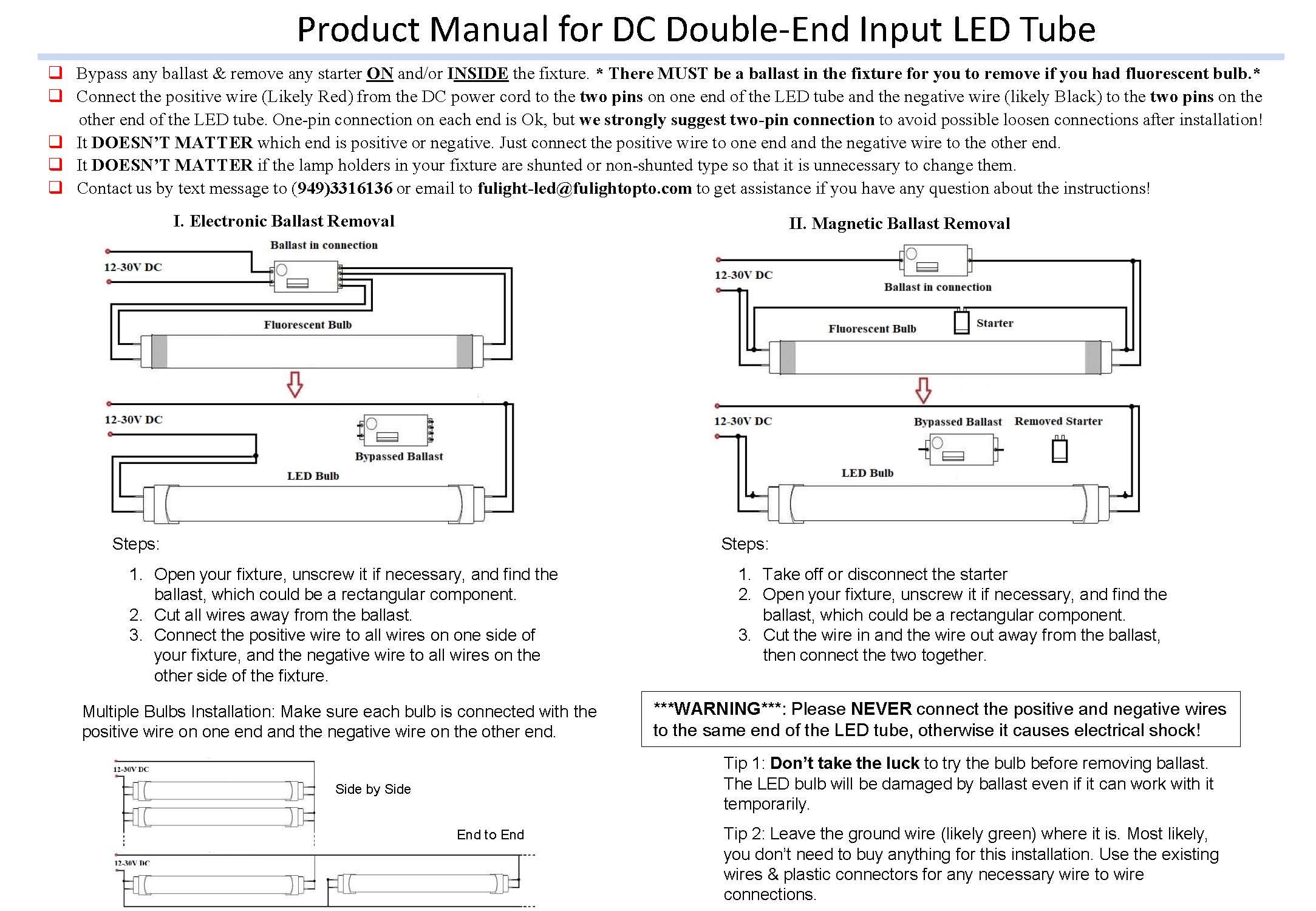Fulight Type B & 12-30V DC LED F15T8 Tube Light (Rotatable) -18-Inch (17-3/4 Inches Actual Length) 1.5FT 7W, Daylight 6000K, Double-End Powered, Frosted Cover - for RV (Not a Plug-and-Play)