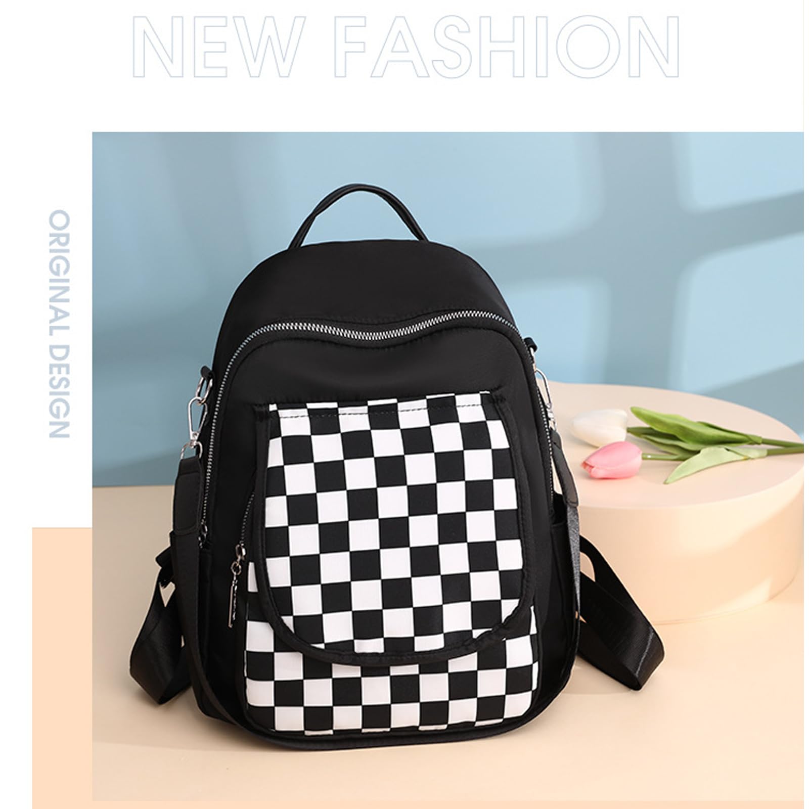 FARMARK Black White Checkered Plaid Small Backpack Purse for Women, Mini Designer Travel Backpack Purses Nylon Fashion Ladies Shoulder Bag with Convertible Strap