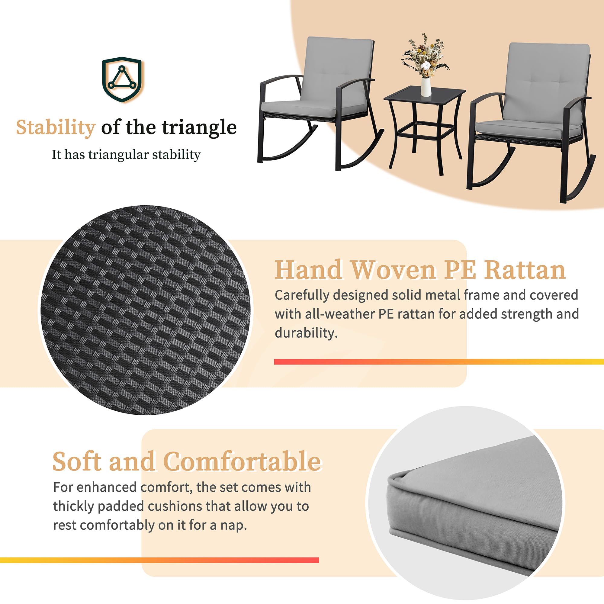 Walsunny 3 Pieces Patio Set Outdoor Wicker Patio Furniture Sets Modern Rocking Bistro Set Rattan Chair Conversation Sets with Coffee Table (Grey)