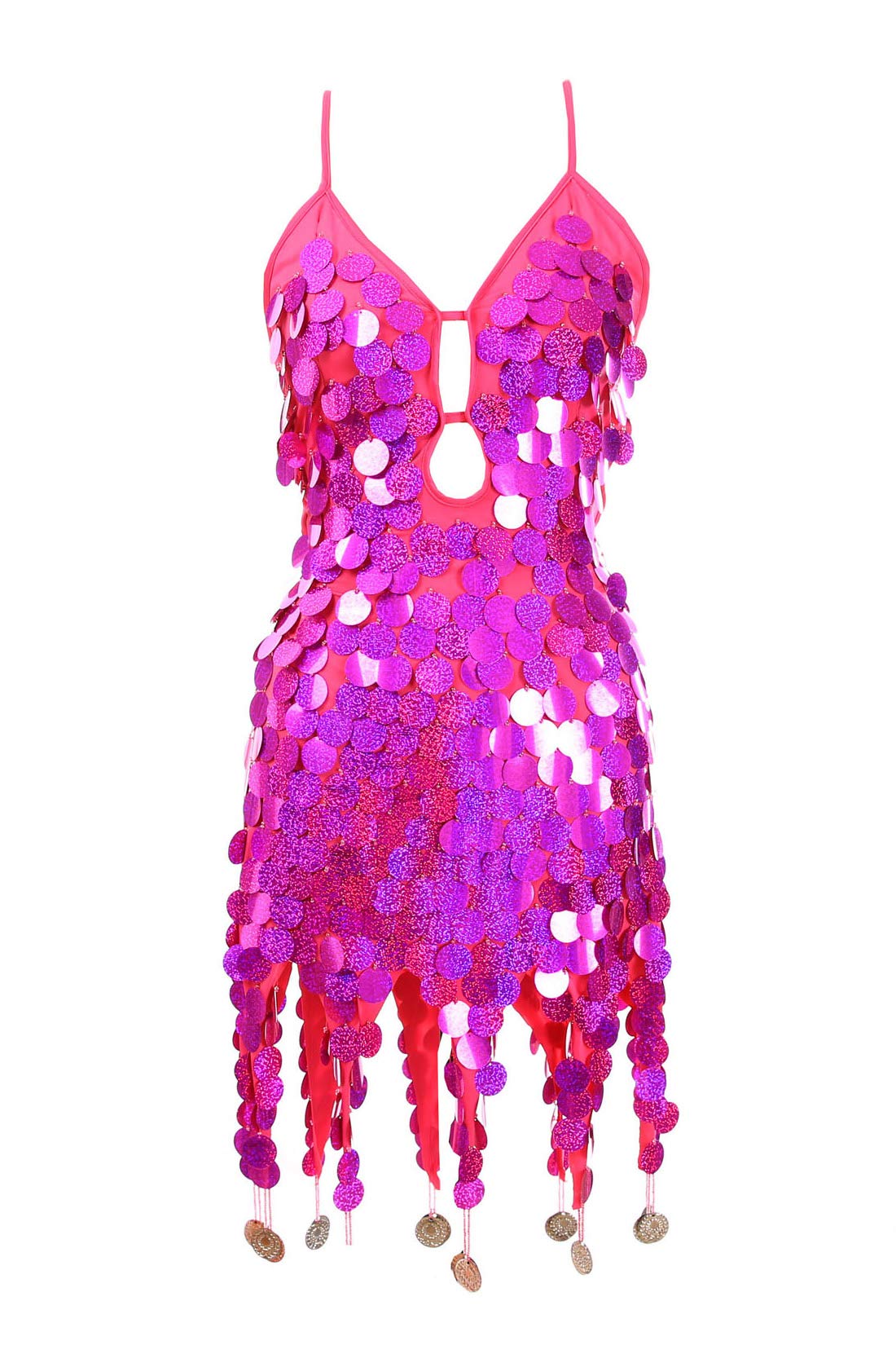 FEOYA Women's 1920s Sequins Dress Sexy Backless Dance Party Dresses Tie Closure Ballroom Practice Dancewear, Rose Red