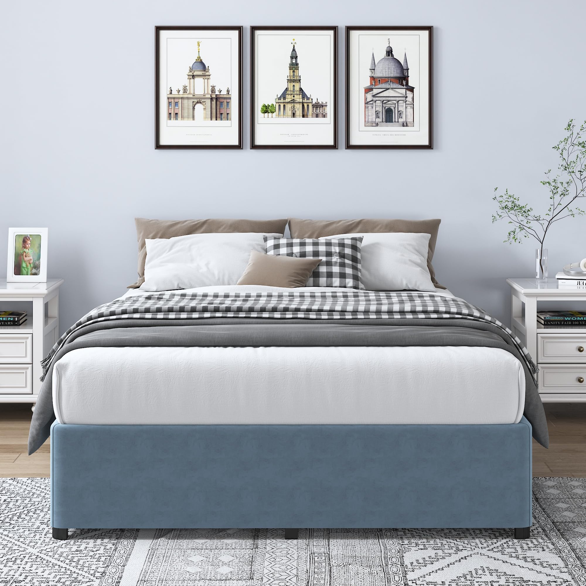 Vehowy Queen Size Bed Frame with Cloth Cover,14 Inch Heavy Duty Platform Bed Frame with Round Corner Edge Legs/No Box Spring Needed/Noise Free/Easy Assembly