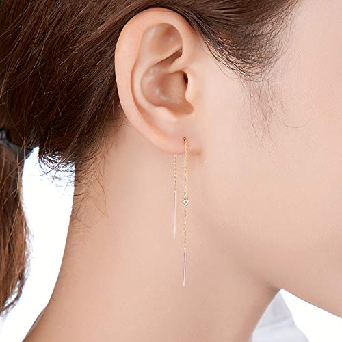 FANCIME 14K Real Solid Yellow Gold Threader Earrings with 0.03ct Diamonds Minimalism Long Chain Earrings Hypoallergenic Earrings Fine Jewelry for Women