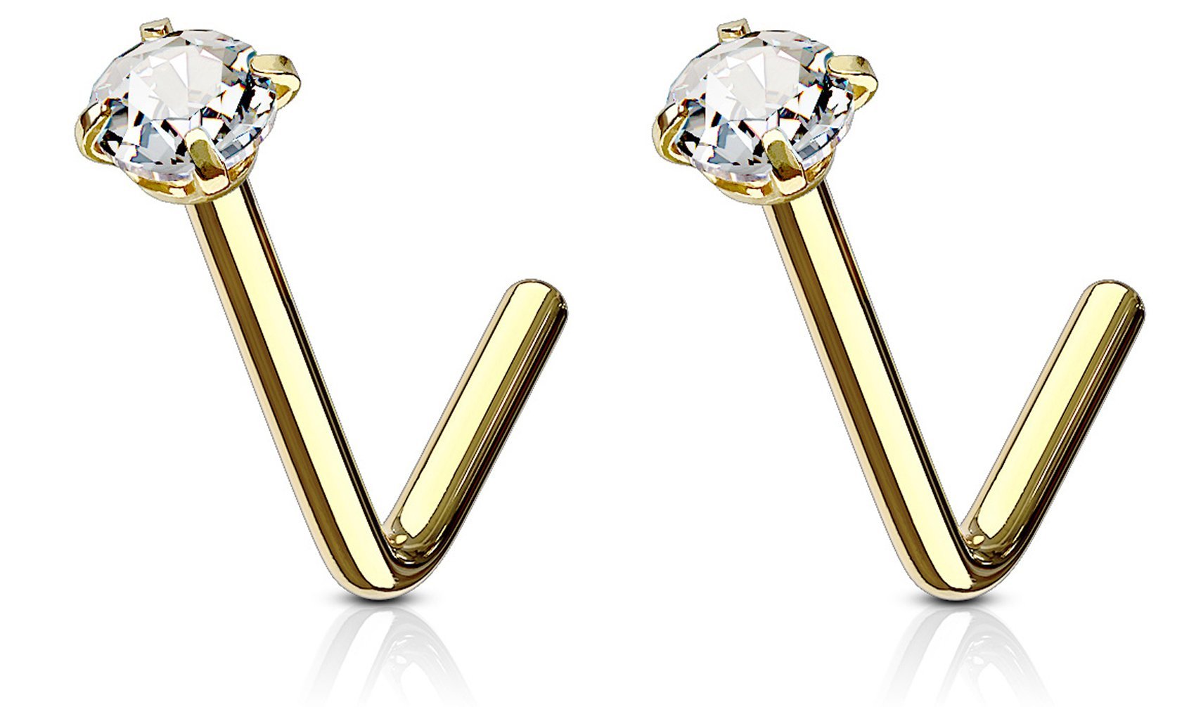 Forbidden Body Jewelry 2 Pack: 20g 6mm Gold IP Plated Surgical Steel L Shaped Nose Ring with 3mm CZ Crystal