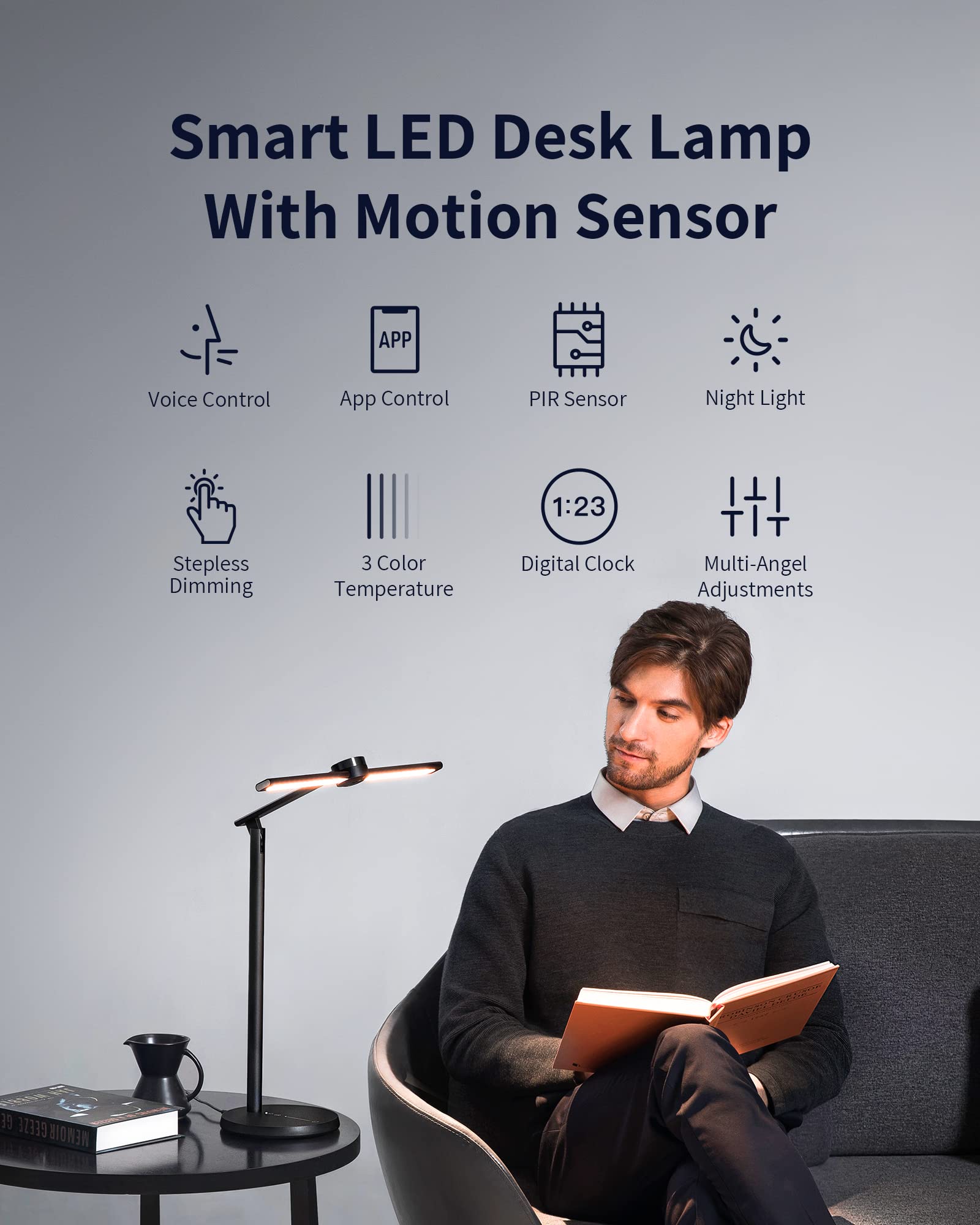EZVALO Smart Desk Lamp with APP Control, Eye-Caring Auto-Dimming Table Lamp with Motio Sensor,3 Color Temperature, Works with Alexa & Google Assistant, Desk Light with Timer for Reading, Studying