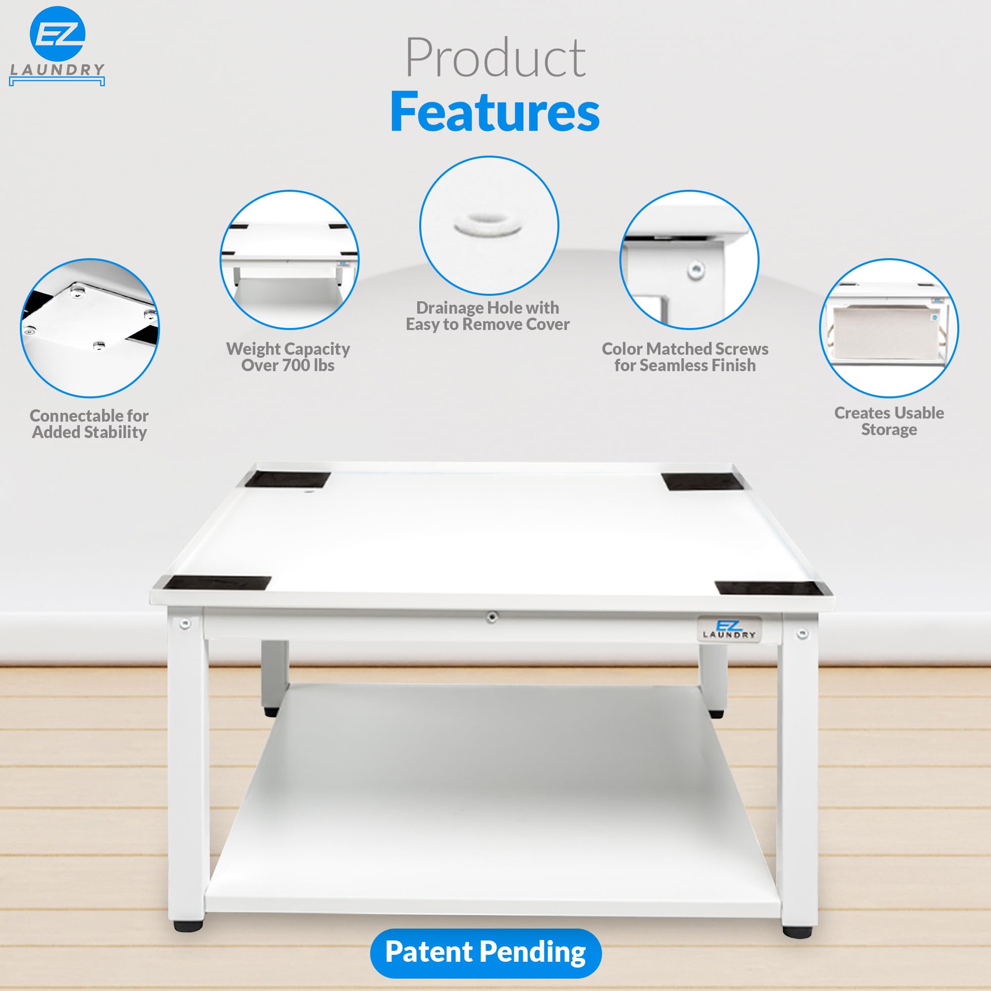 EZ Laundry | Upgraded 29β Universal Laundry Pedestal β 700lbs Capacity, Raises 16β with Built-in Drain Pan + Hose, Adjustable Feet, Anti-Vibration, Steel & Storage Shelf for Washer & Dryer (White)