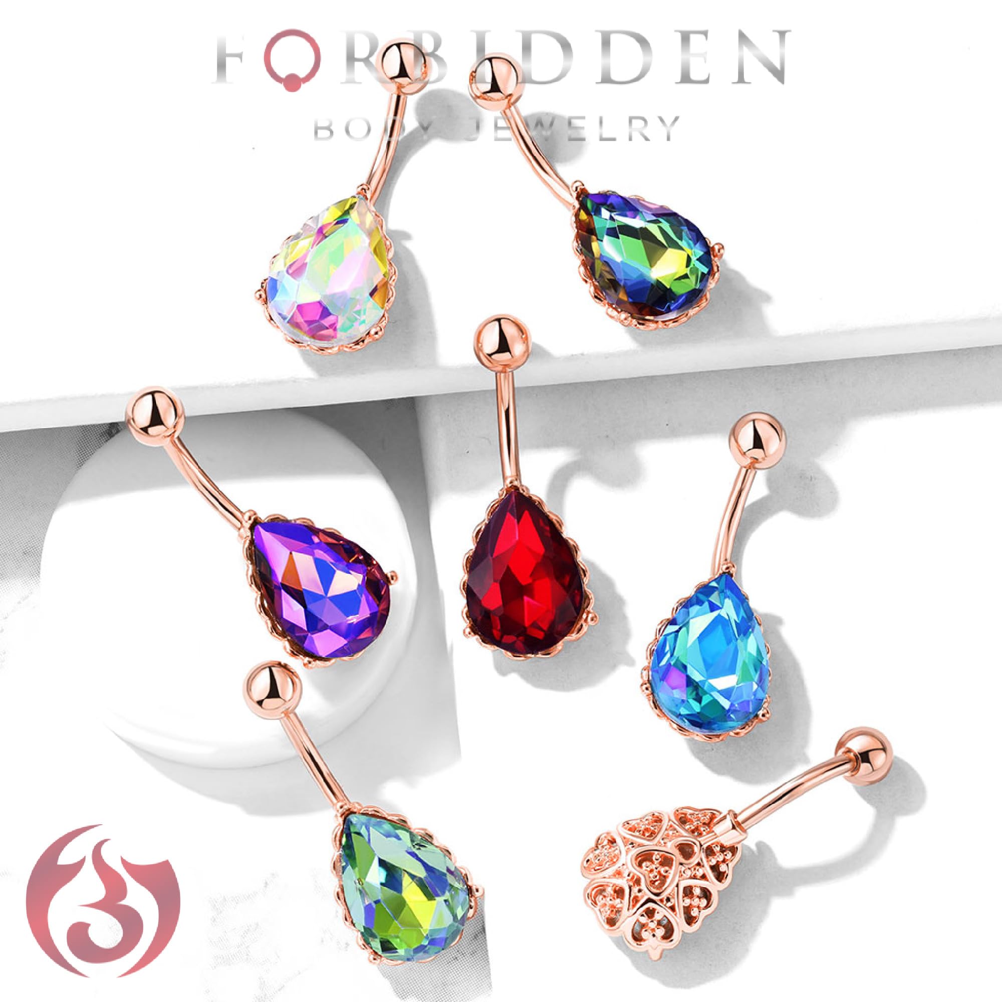 Forbidden Body Jewelry Surgical Steel Belly Ring with Iridescent AB Effect Tear Drop Crystal, Rainbow
