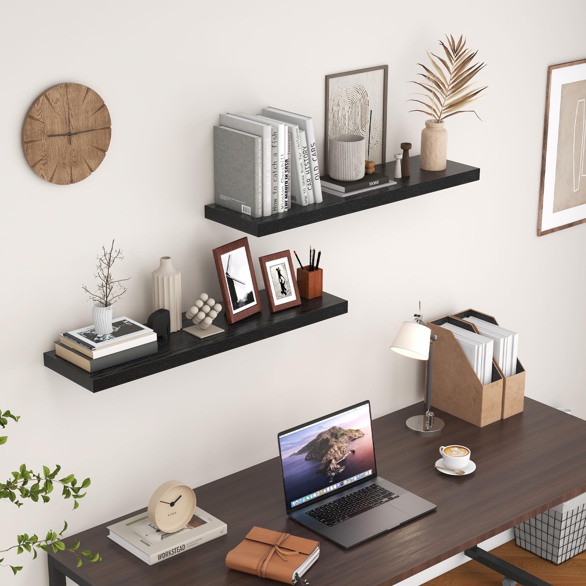 Floating Shelves Black 36 Inch Long, 9" Deep Floating Shelf Wall Mounted, Rustic Deep Bookshelf, Large Display Storage Shelves for Bathroom, Bedroom, Kitchen, 36"W x 9"D x 1.5"H, Set of 2