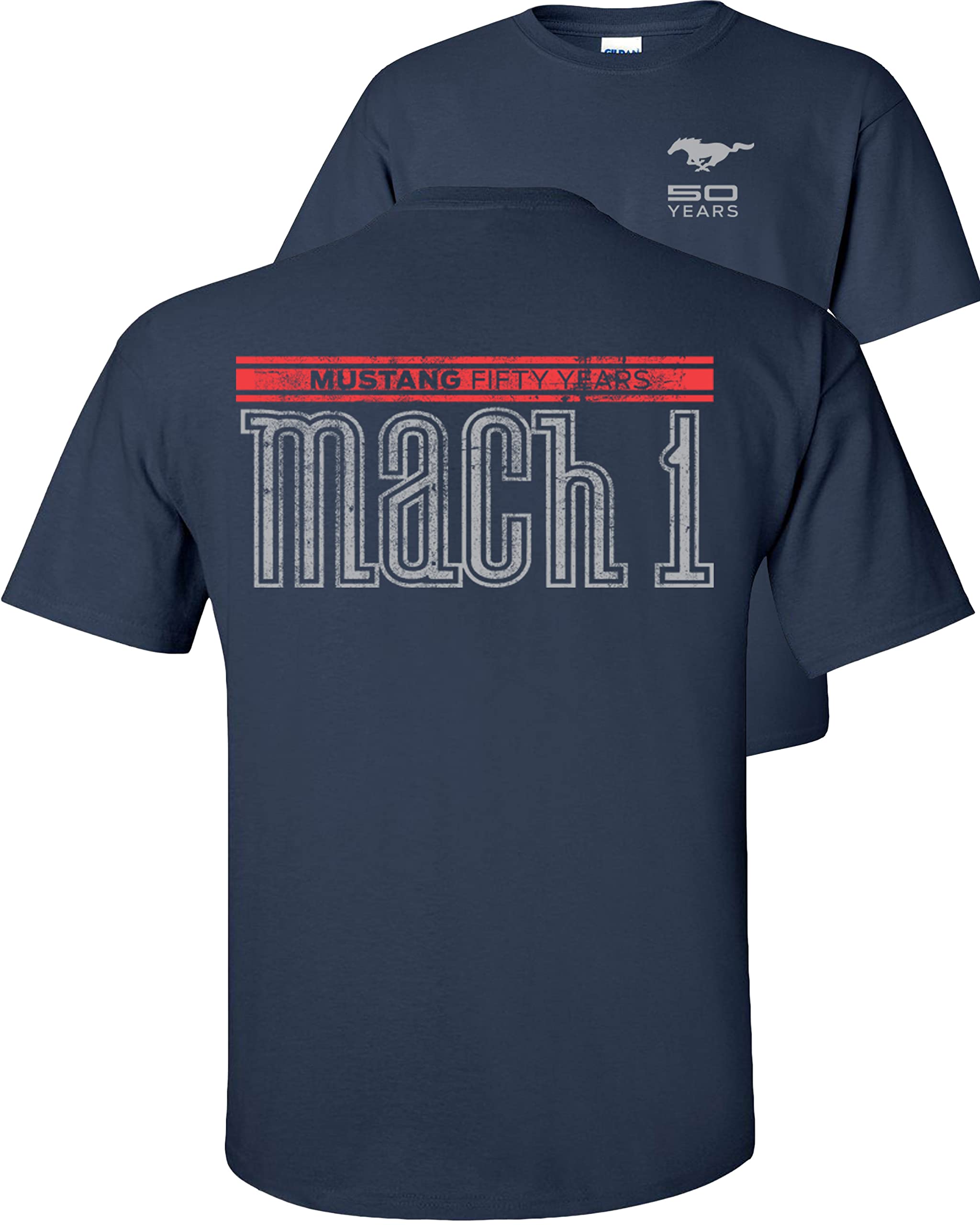 Fair Game Ford Mustang Mach 1 T-Shirt 50 Years Pony Logo Fifty Anniversary-Navy-L