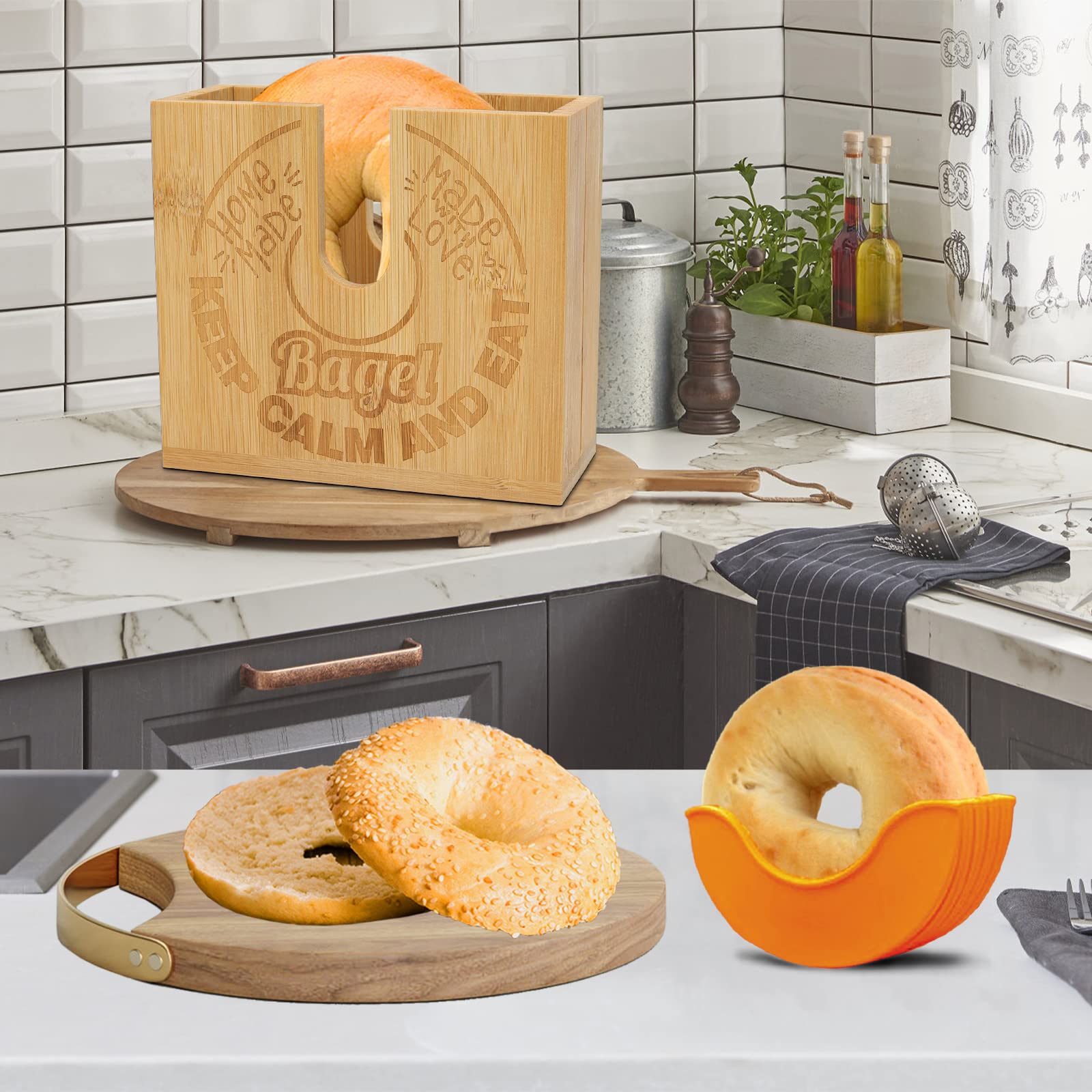 FunisFun Wood Bagel Cutter Slicer for Small and Large Bagels Adjustable Bamboo Bagel Holder with Silicon Hamburger Holder for Bread Slicing