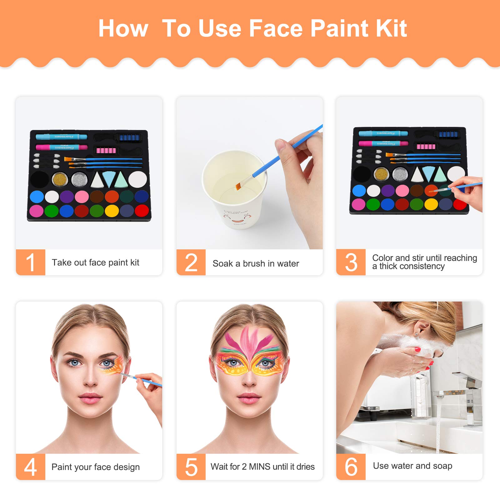 Face Paint Kit for Kids - 50 Stencils, ENJSD Halloween Makeup Kit 18 Large Water Based Paints, 2 Hair Chalks 3 Eyeshadow Sticks, Professional Face Paint Palette, Safe for Sensitive Skin