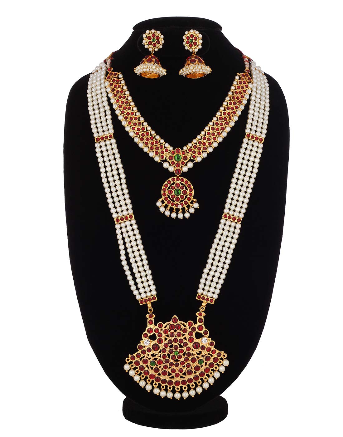 Fashionatelier 4 Line Long Pearl Haram with Pendant and Short Necklace with Earrings