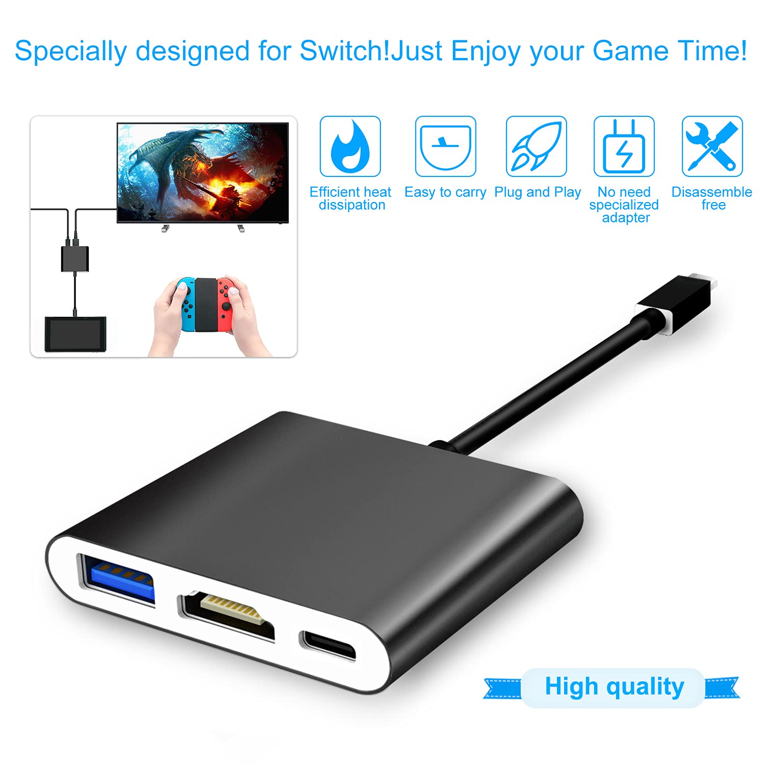 FASTSNAIL HDMI Type C Hub Adapter for Switch, HDMI Converter Dock Cable for Switch (Black)