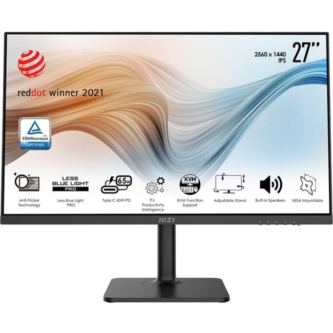 MSI Modern MD272QP, 27", 2560 x 1440 (QHD), IPS, 75Hz, TUV Certified Eyesight Protection, 5ms, HDMI, Displayport, USB C, Tilt, Swivel, Height Adjustable, Pivot (Renewed)