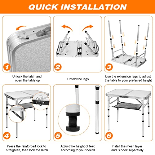 Folding Table Small Lightweight Portable Aluminum Camping Table Mini Foldable Table with Adjustable Height Legs for Picnic Cooking Beach, 2ft and 3 Heights