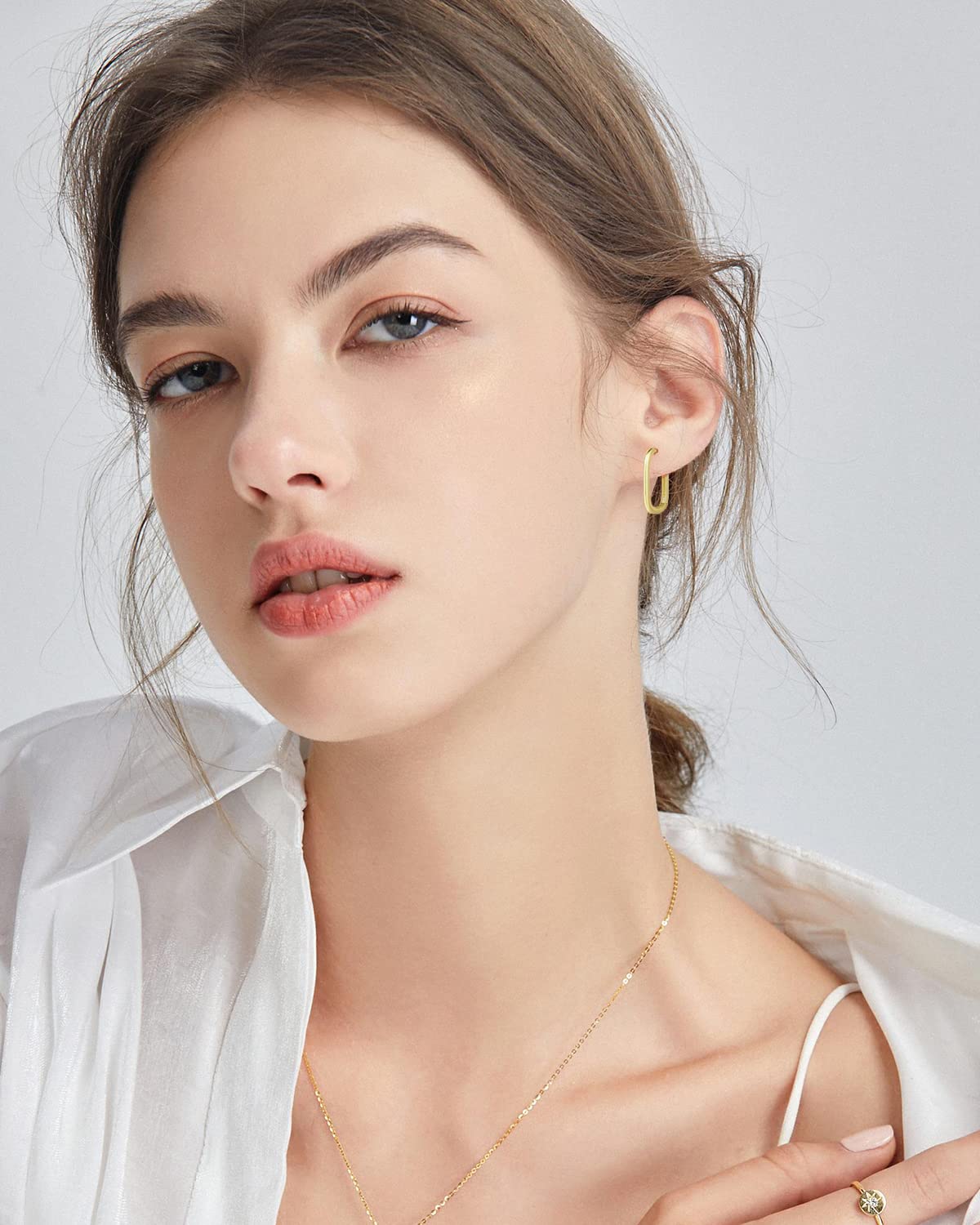 FANCIME Yellow Gold Plated Hoop Earrings 925 Sterling Silver Rectangle Endless Hoops Minimalist Fine Jewelry For Women, 25mm Length