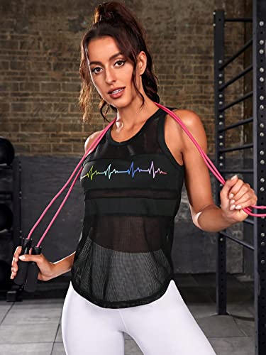 SOLY HUX Women's Mesh Graphic Sports Tank Top Sleeveless Curved Hem Workout Gym Yoga Tops Plain Black S
