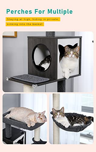 PETEPELA Modern Cat Tree Wood Cat Tower with Storage Cabinet Litter Box Enclosure and Spacious Cat Condo, Large Top Perch and Hammock, Sisal Covered Scratching Posts for Cats Black