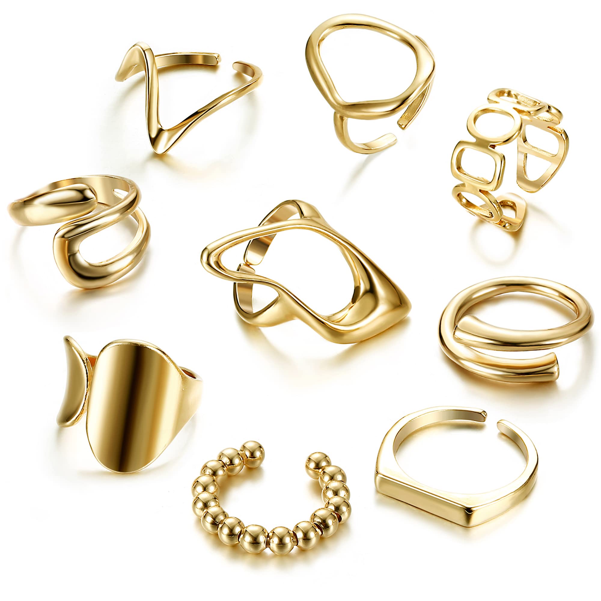 FIBO STEEL 9 Pcs Gold Chunky Rings for Women 18K Gold Plated Ring Set Dome Thick Open Rings Adjustable Gold tone